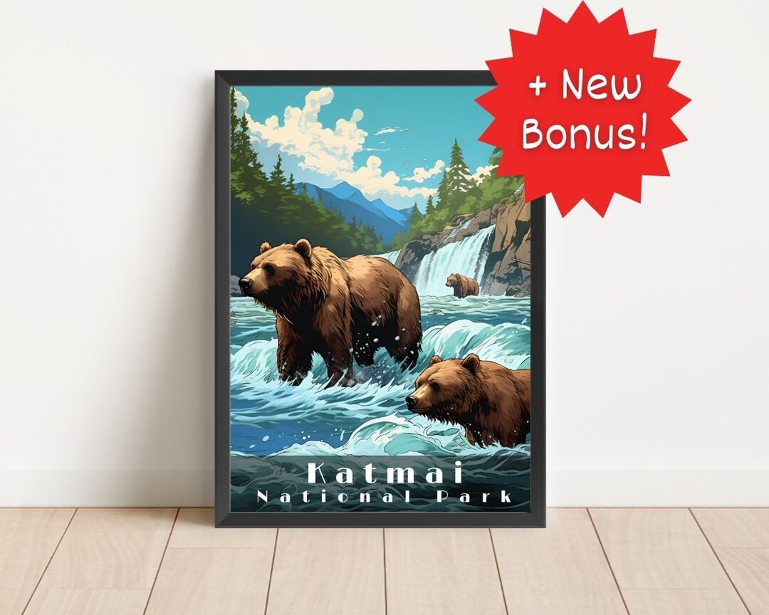 Katmai National Park Poster Wall Art Retro Travel Poster National Park ...