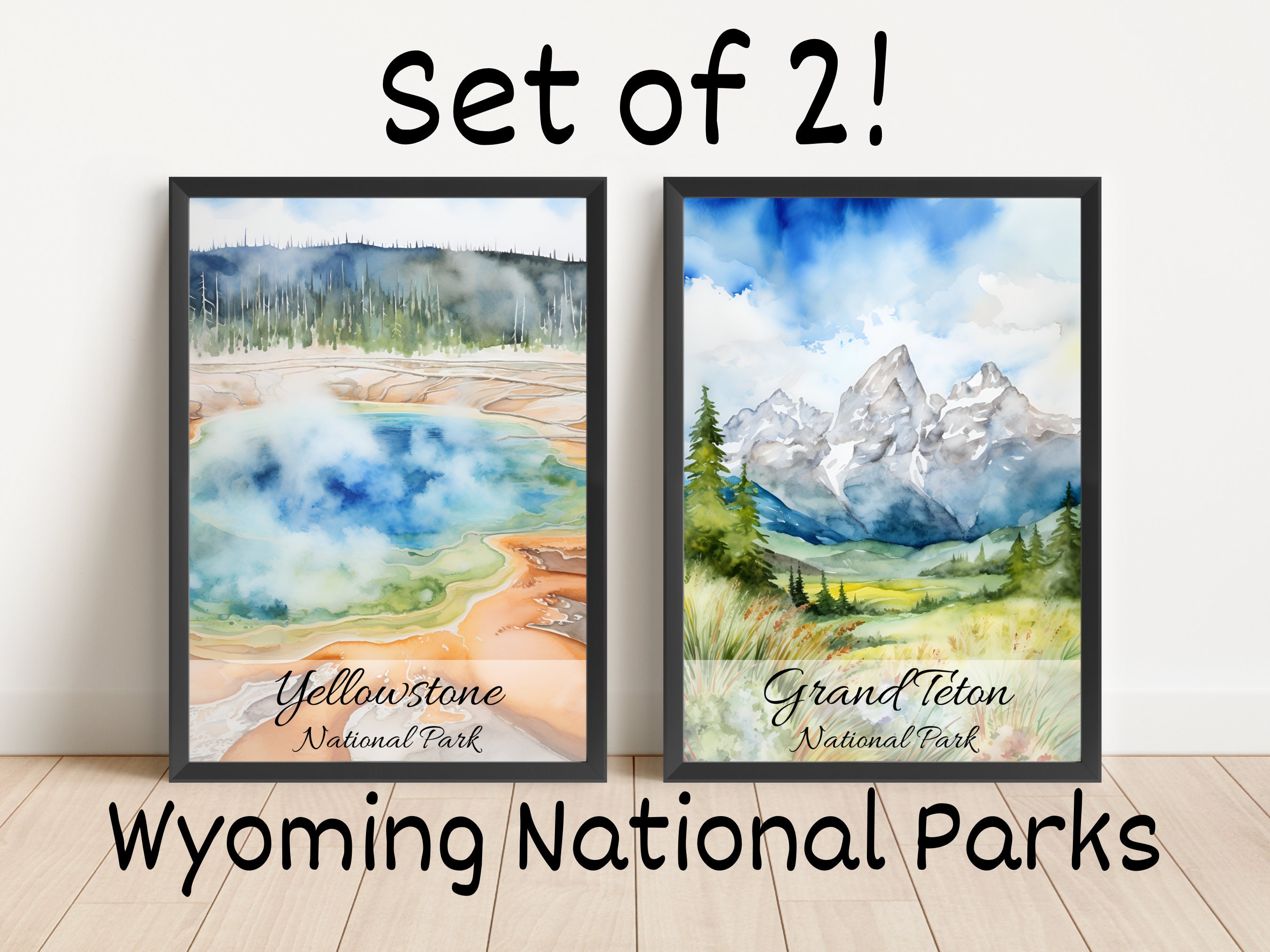 Wyoming National Parks Watercolor Paintings Wall Art Set of 2 Wyoming ...