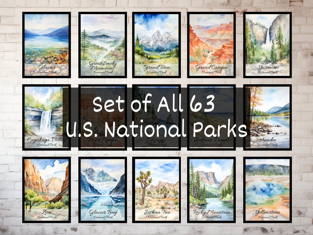 US National Parks Posters Set of All 63 National Parks Watercolor ...