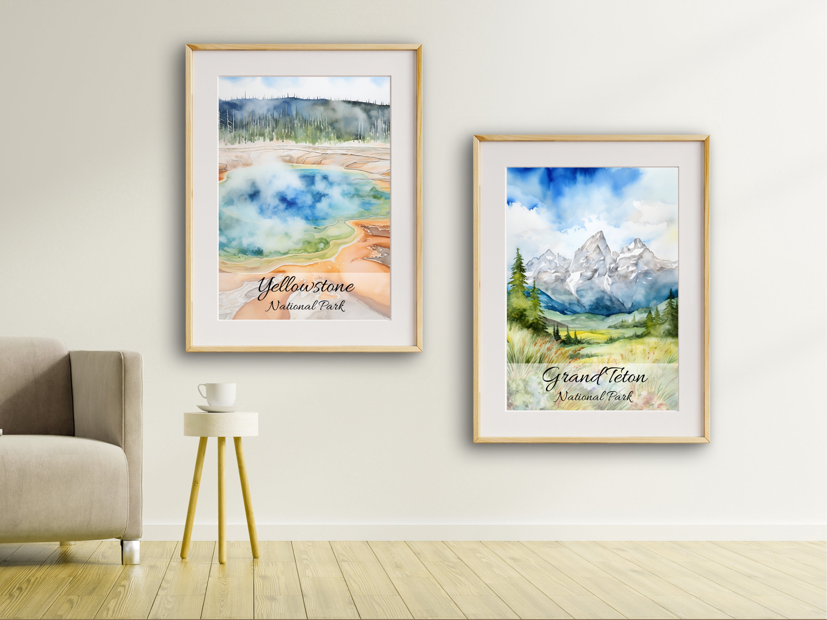 Wyoming National Parks Watercolor Paintings Wall Art Set of 2 Wyoming ...
