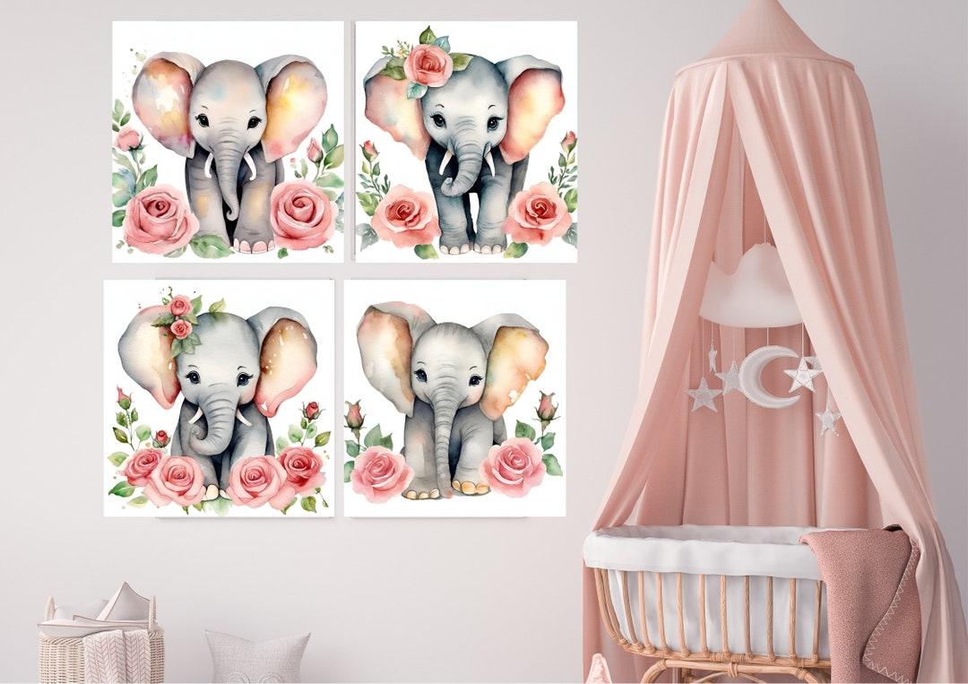 Baby Elephants With Roses Set of 4, Prints, Instant Download - Etsy