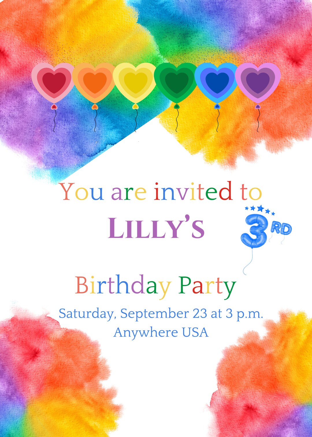 Watercolor Rainbow Birthday Invitation 5X7 Portrait - Etsy