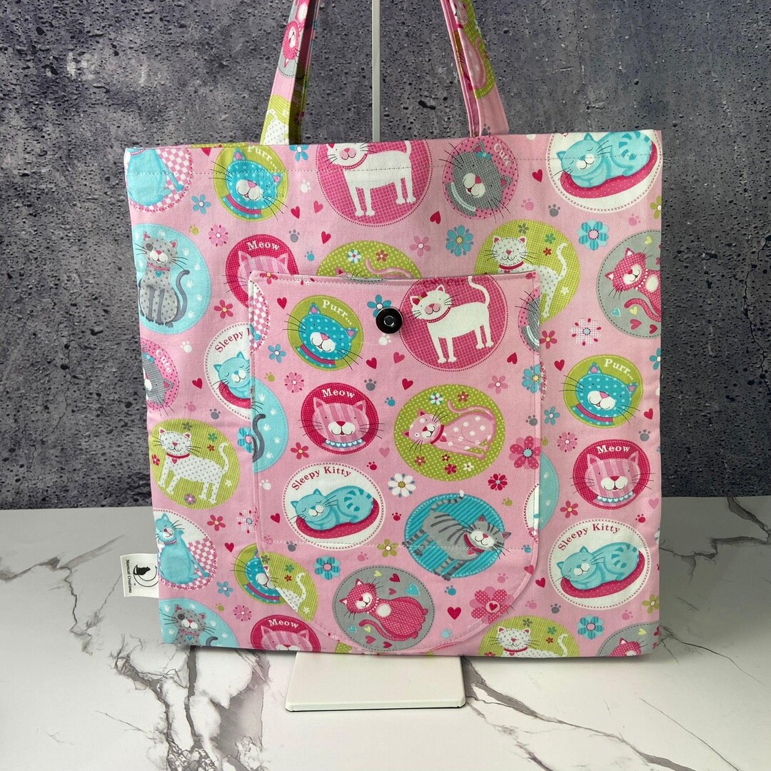 Pink Cats Folding Shopping Bag With Large Pocket. Reuseable Tote Bag ...