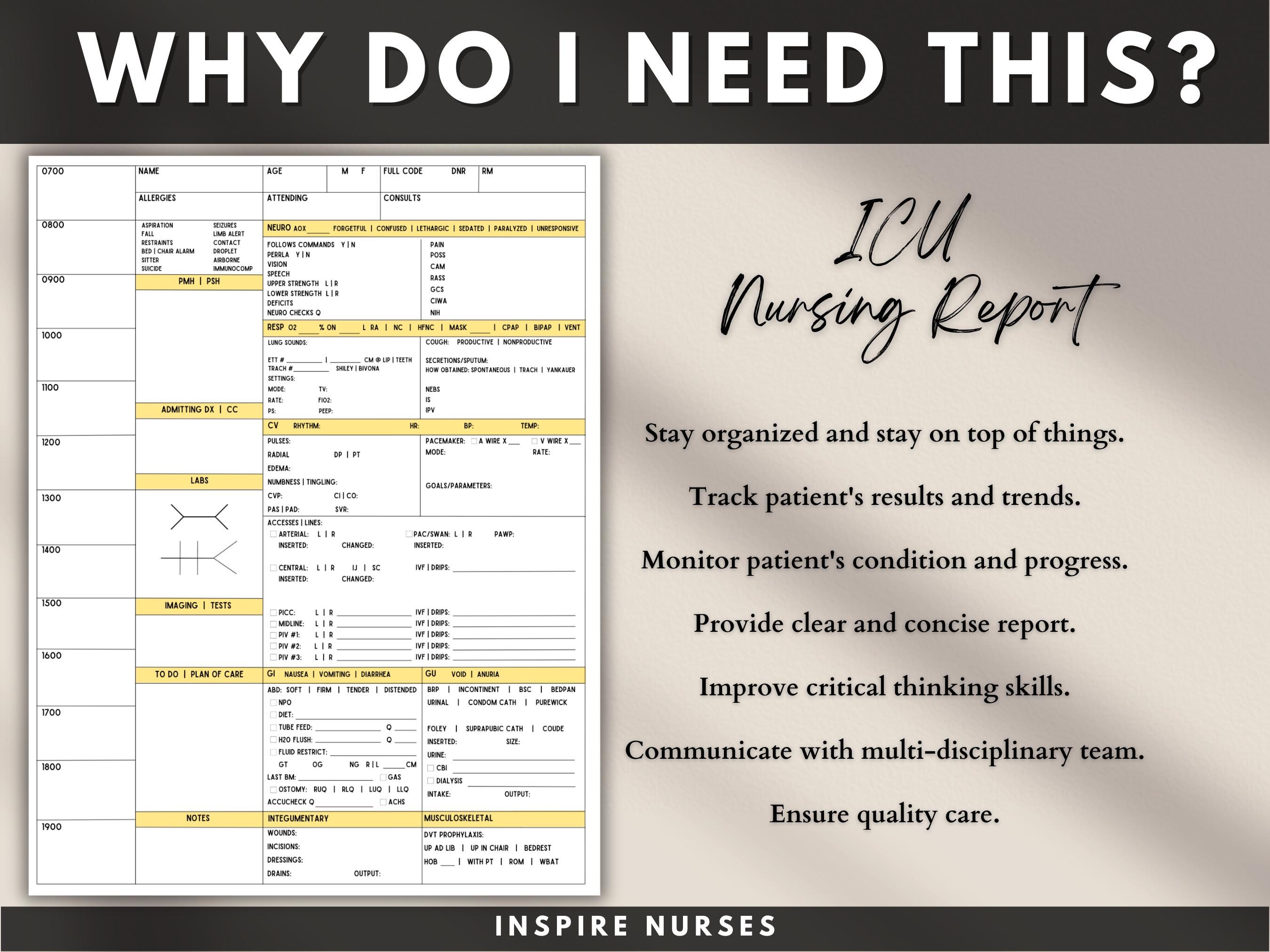 ICU Nurse Report Sheet With Hourly Rounding, ICU Nursing Report Sheet ...