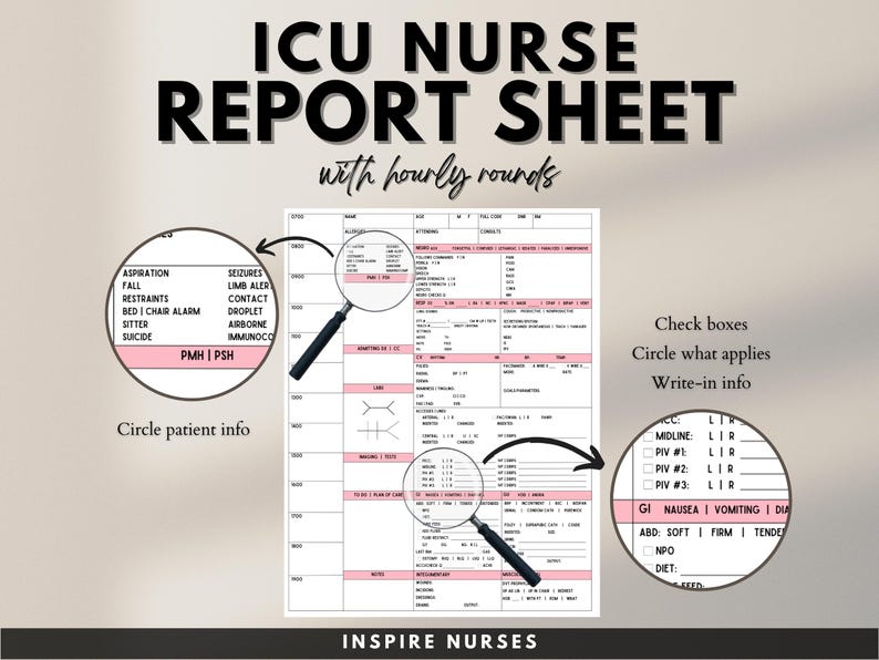 ICU Nurse Report Sheet With Hourly Rounding, ICU Nursing Report Sheet ...