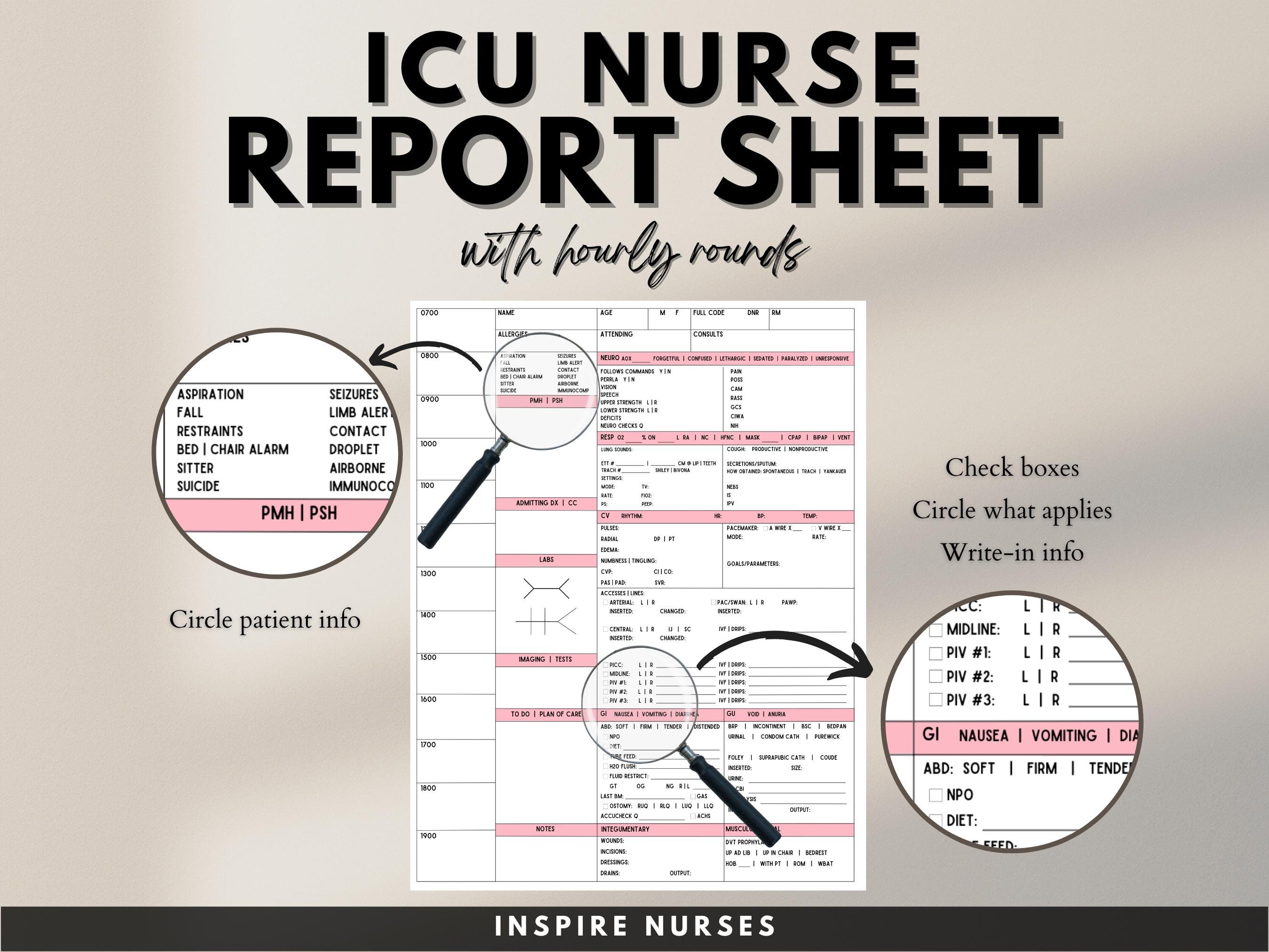 ICU Nurse Report Sheet With Hourly Rounding, ICU Nursing Report Sheet ...
