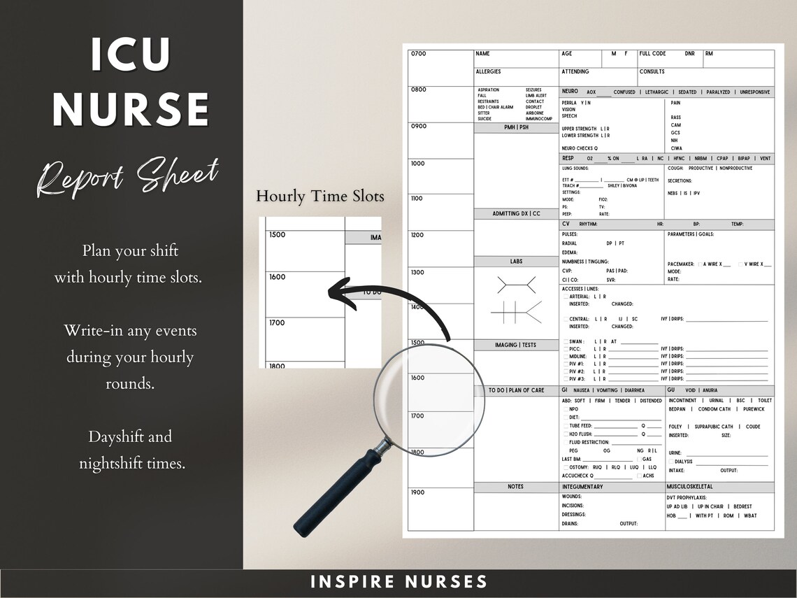 ICU Nurse Report Sheet With Hourly Rounding ICU Nursing - Etsy Canada