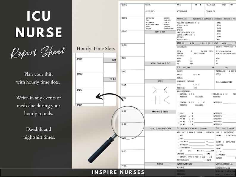 ICU Nurse Report Sheet With Hourly Rounding, ICU Nursing Report Sheet ...