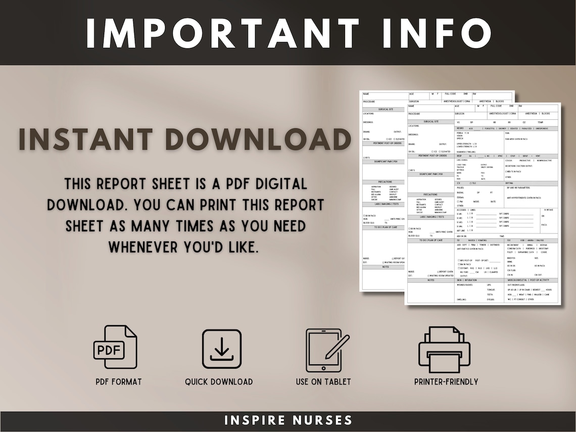 PACU Nurse Report Sheet, PACU Nursing Report Sheet, PACU Nurse Handoff ...
