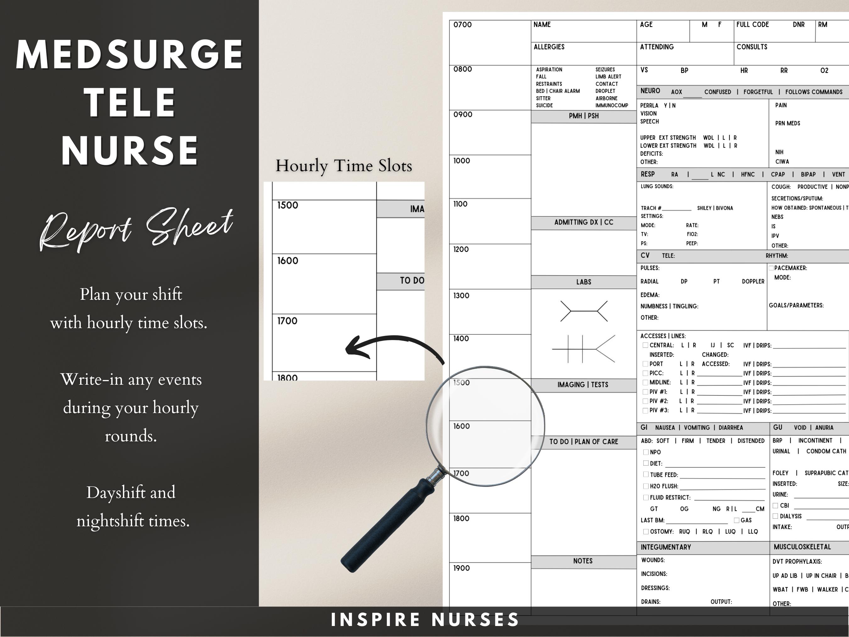 Med Surg, Tele, Printable Nurse Report Sheet, Nurse Brain Sheet ...