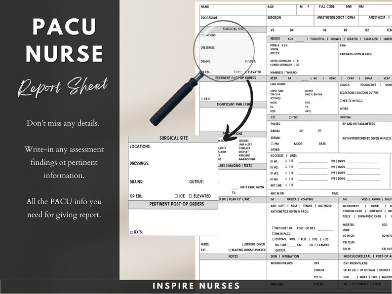 PACU Nurse Report Sheet, PACU Nursing Report Sheet, PACU Nurse Handoff ...