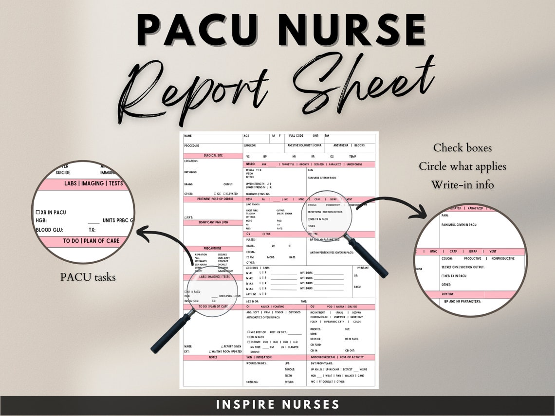 PACU Nurse Report Sheet, PACU Nursing Report Sheet, PACU Nurse Handoff ...
