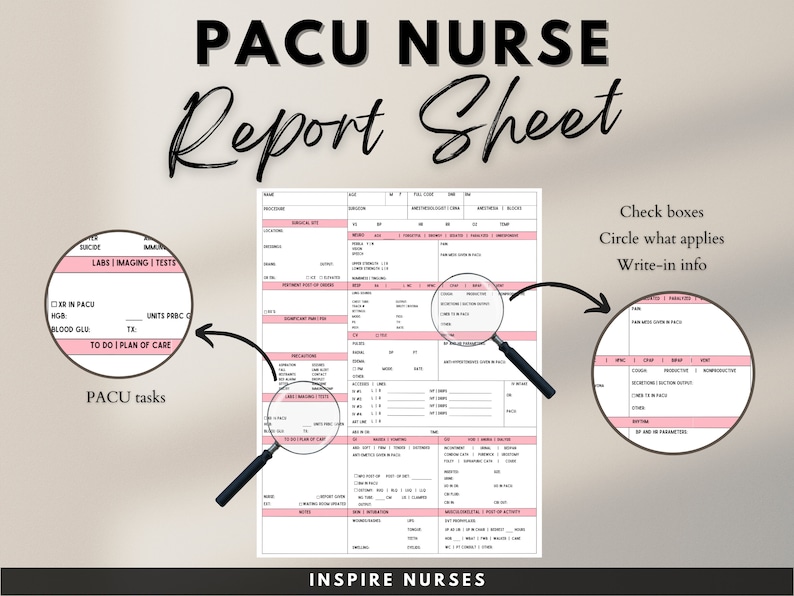PACU Nurse Report Sheet, PACU Nursing Report Sheet, PACU Nurse Handoff ...