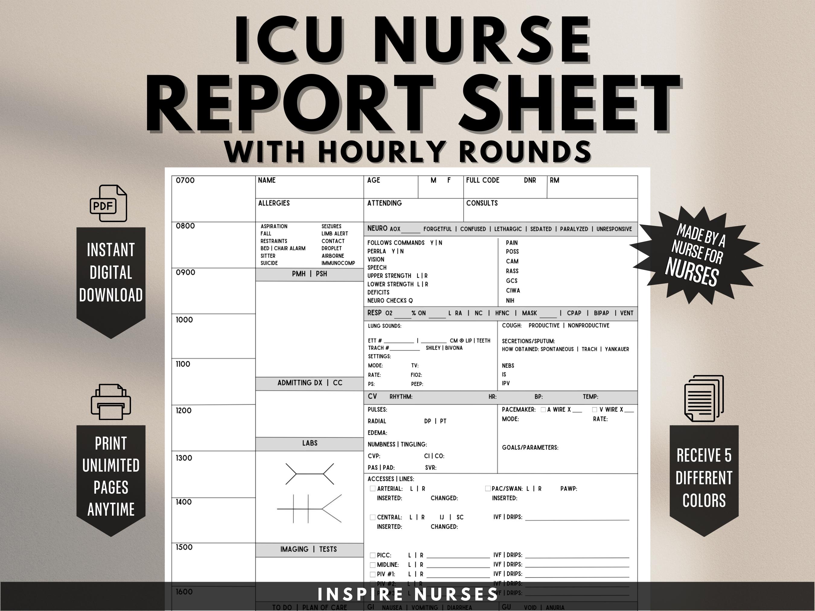 ICU Nurse Report Sheet With Hourly Rounding, ICU Nursing Report Sheet, ICU Nurse Handoff Sheet ...