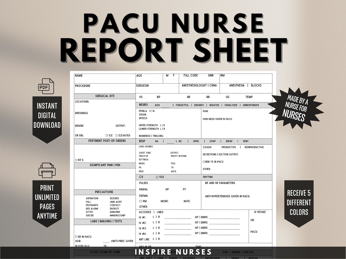 PACU Nurse Report Sheet, PACU Nursing Report Sheet, PACU Nurse Handoff ...