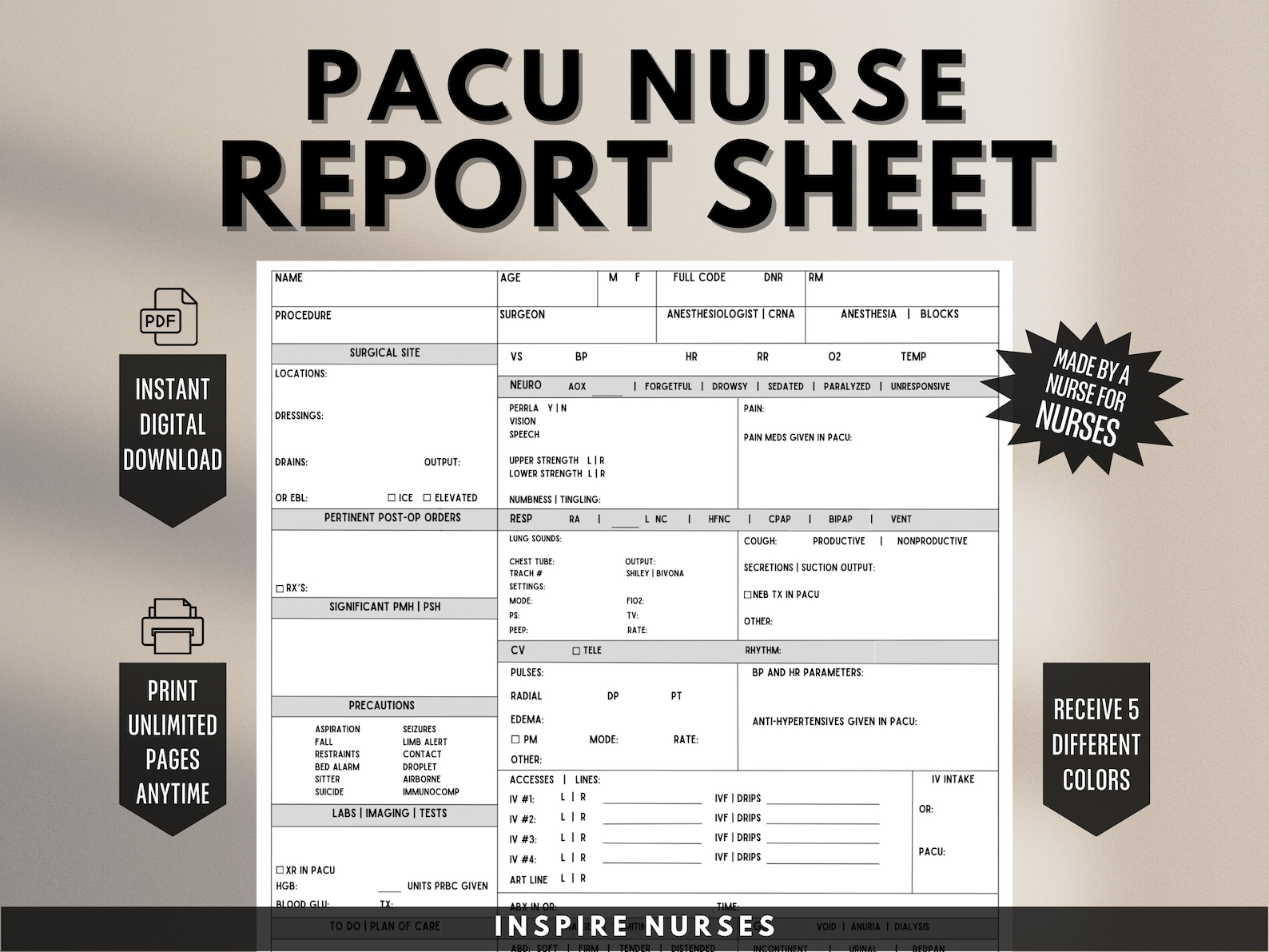 PACU Nurse Report Sheet, PACU Nursing Report Sheet, PACU Nurse Handoff ...