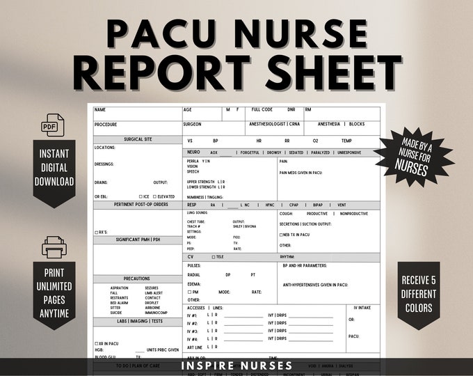 Preop / PACU Nurse Report Sheet for 4 Patients, Periop, Preop, Intraop ...