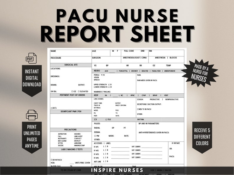 PACU Nurse Report Sheet, PACU Nursing Report Sheet, PACU Nurse Handoff ...