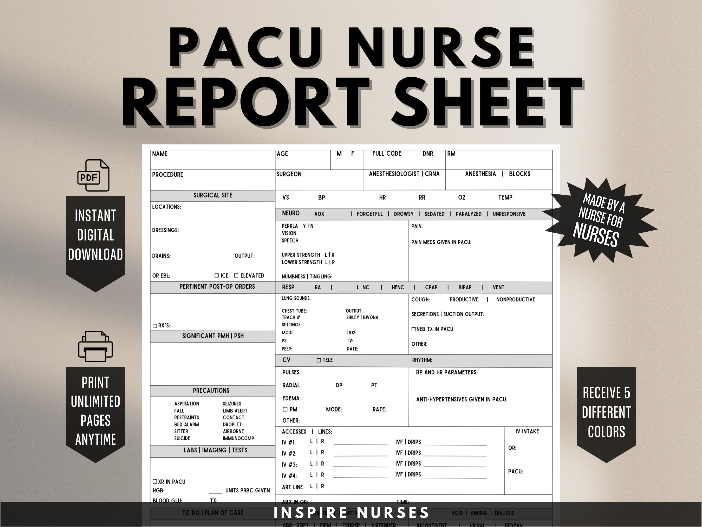 PACU Nurse Report Sheet, PACU Nursing Report Sheet, PACU Nurse Handoff ...