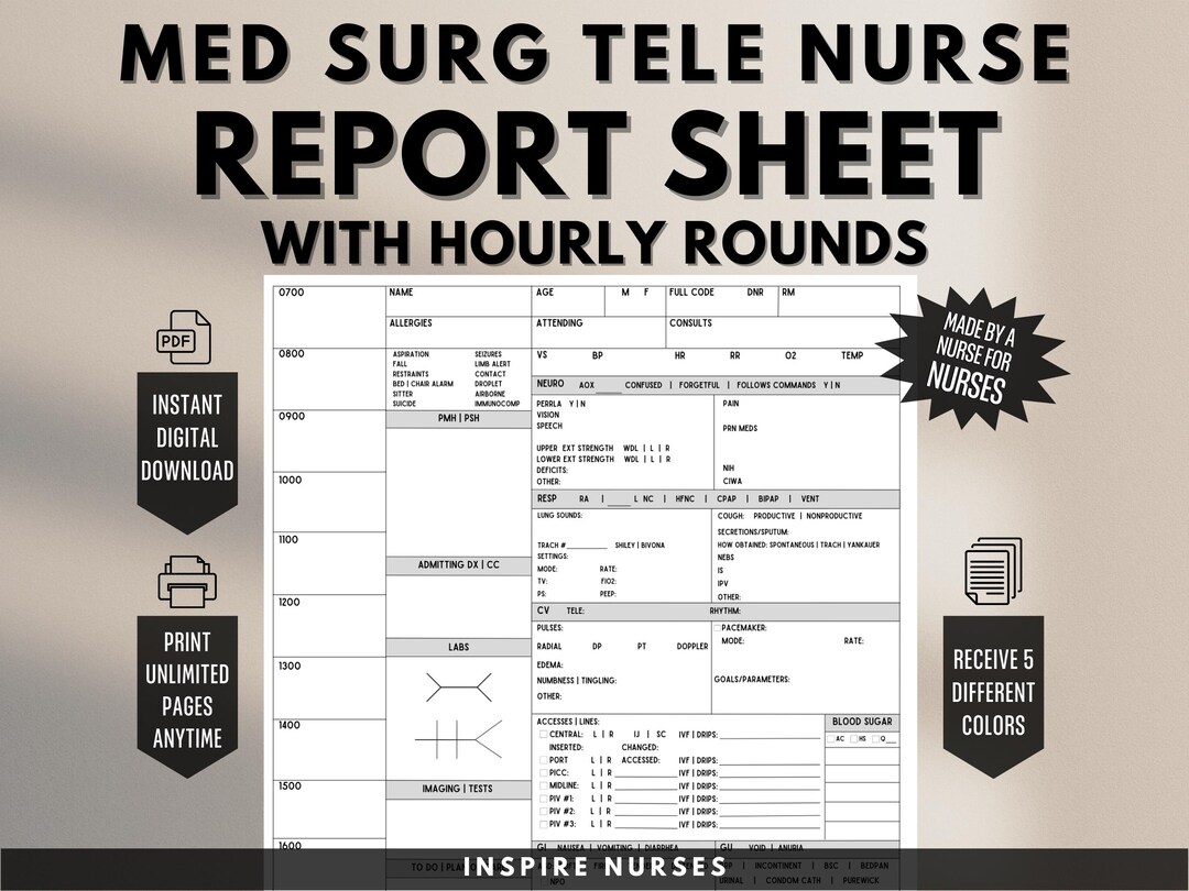 Med Surg, Tele, Printable Nurse Report Sheet, Nurse Brain Sheet ...