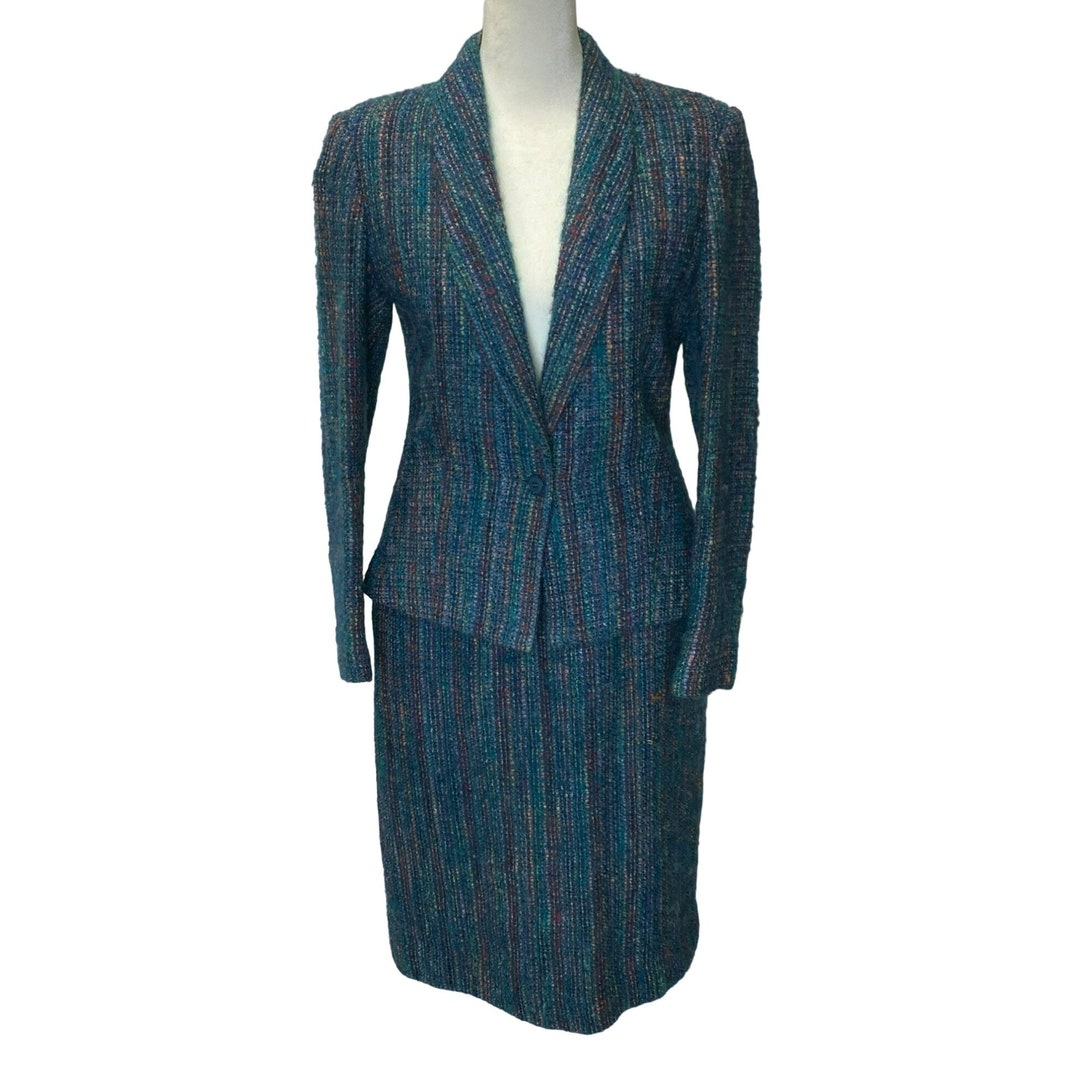 Vintage Talbots Tweed Skirt Suit Teal Blue Rainbow Jacket Size 6 Mod