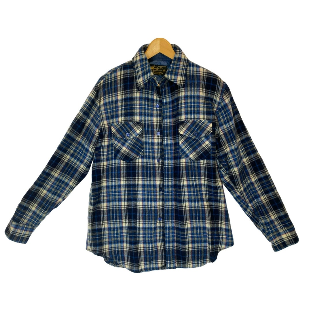 Vintage 80s Kmart Plaid Wool Flannel Shirt M 38-40 Blue, White, Black ...