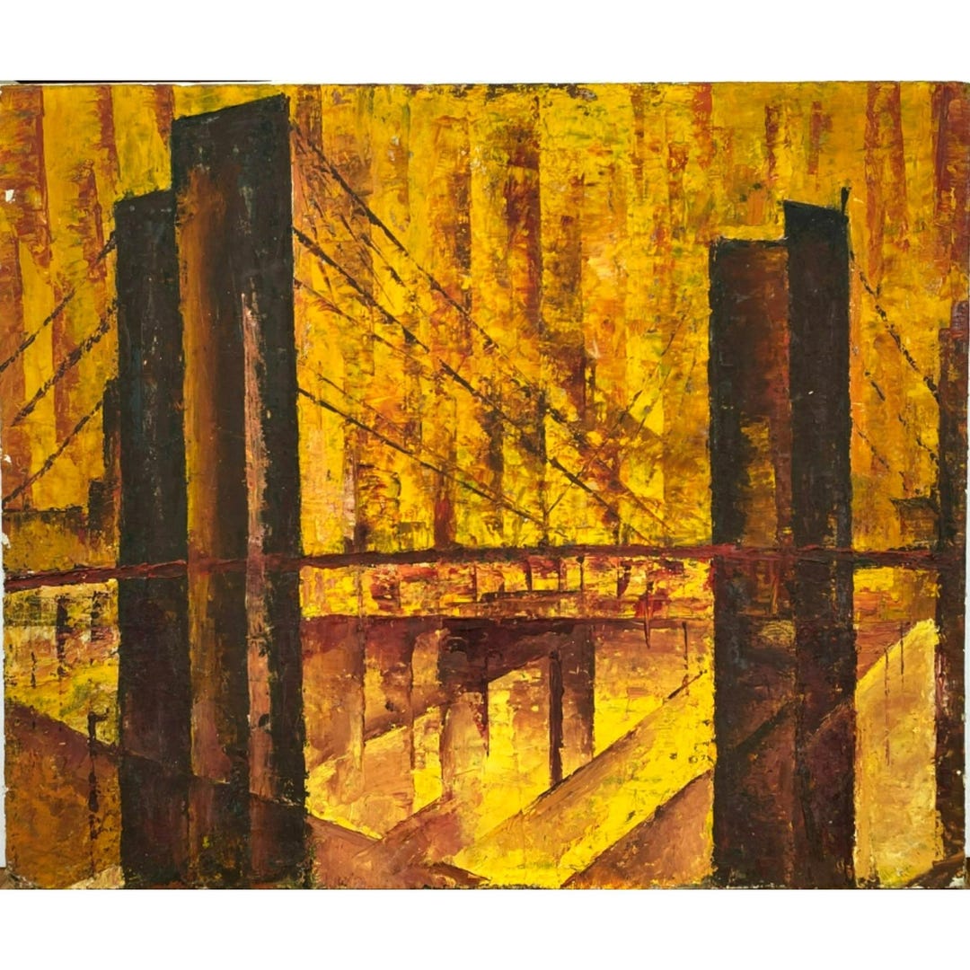 Abstract Cubist Modernist Painting Bridge City Canvas Panel 24"x20 ...