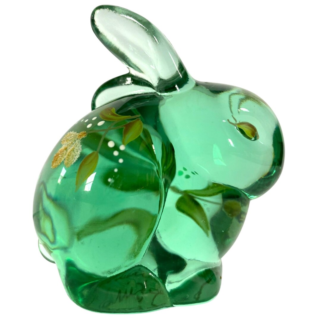 Fenton Bunny Rabbit Hand Painted Floral SIGNED Paperweight Emerald ...