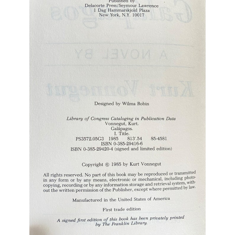 GALAPAGOS Kurt Vonnegut First Edition 1st Edition First - Etsy