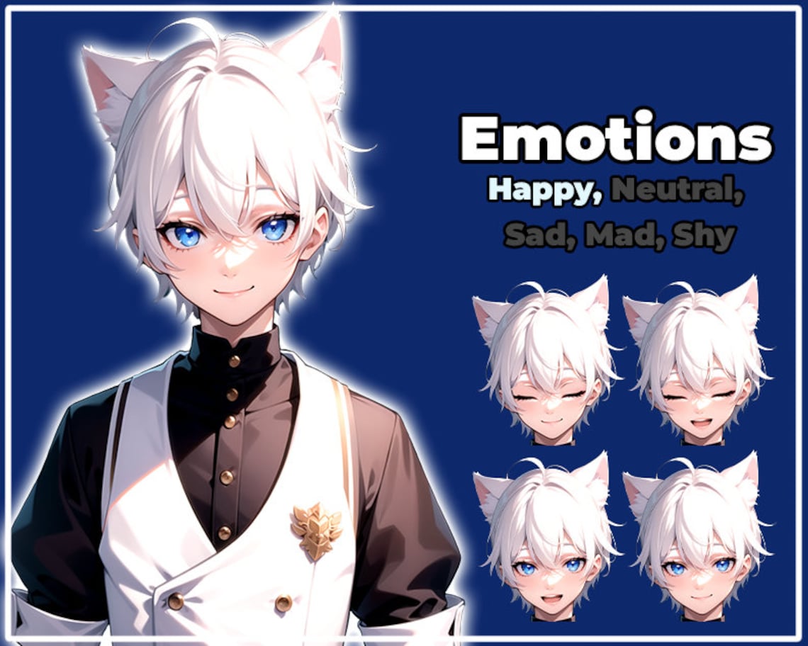 Pngtuber, White Cat Neko Boy 2d Vtuber / Premade & Presetup Model With ...
