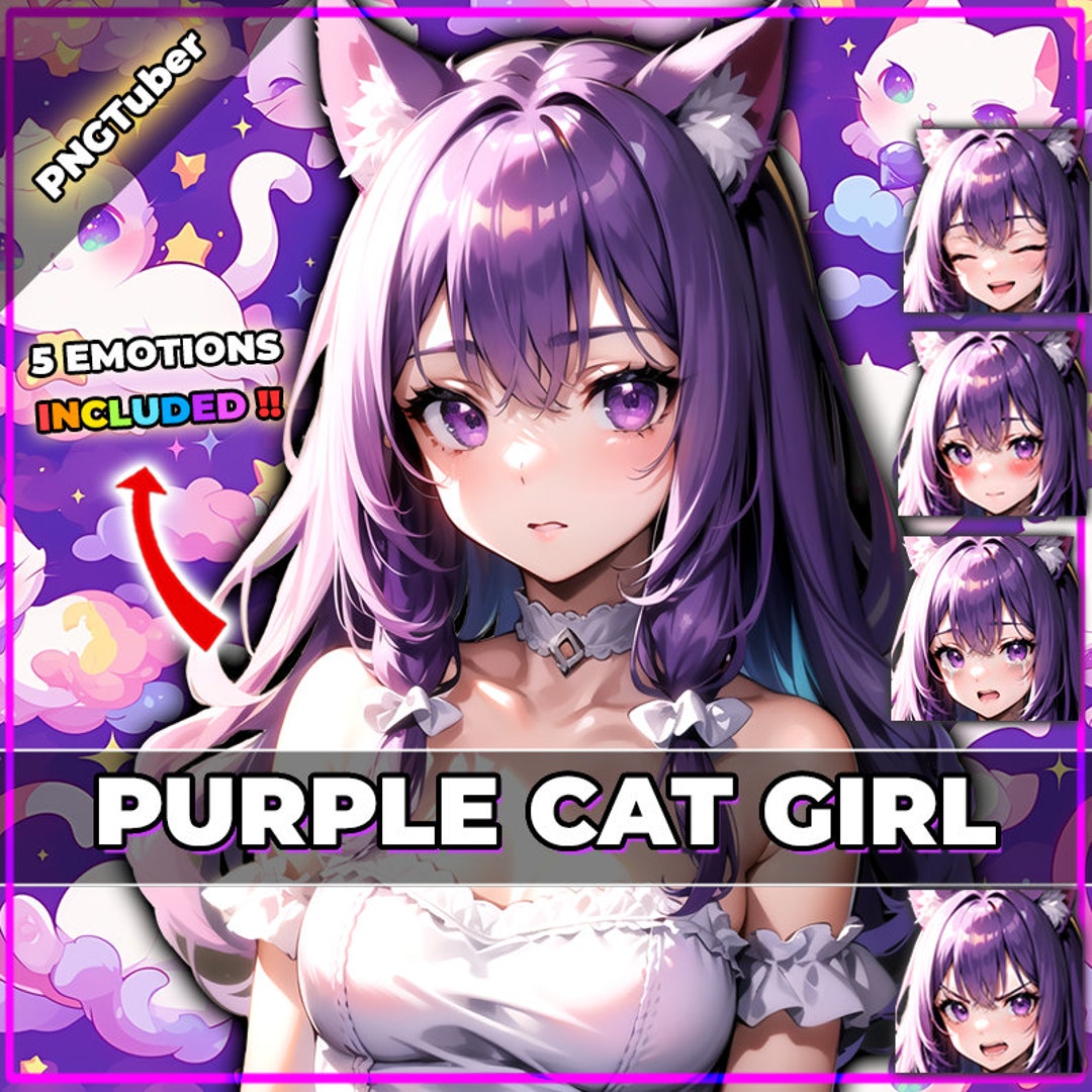 Pngtuber, Purple Neko Cat Girl 2d Vtuber / Premade & Presetup Model ...