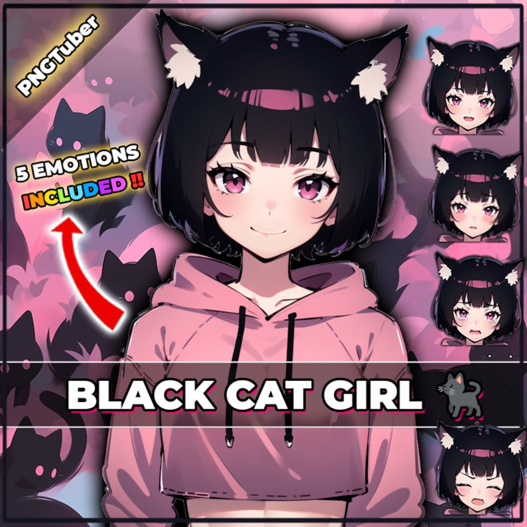 Black Cat Girl Pngtuber Model: 6 Emotions, Veadotube Ready - Etsy