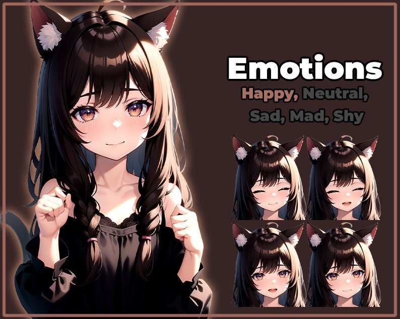 Brown Cat Neko Girl Pngtuber: 5 Expression Vtuber Model - Etsy