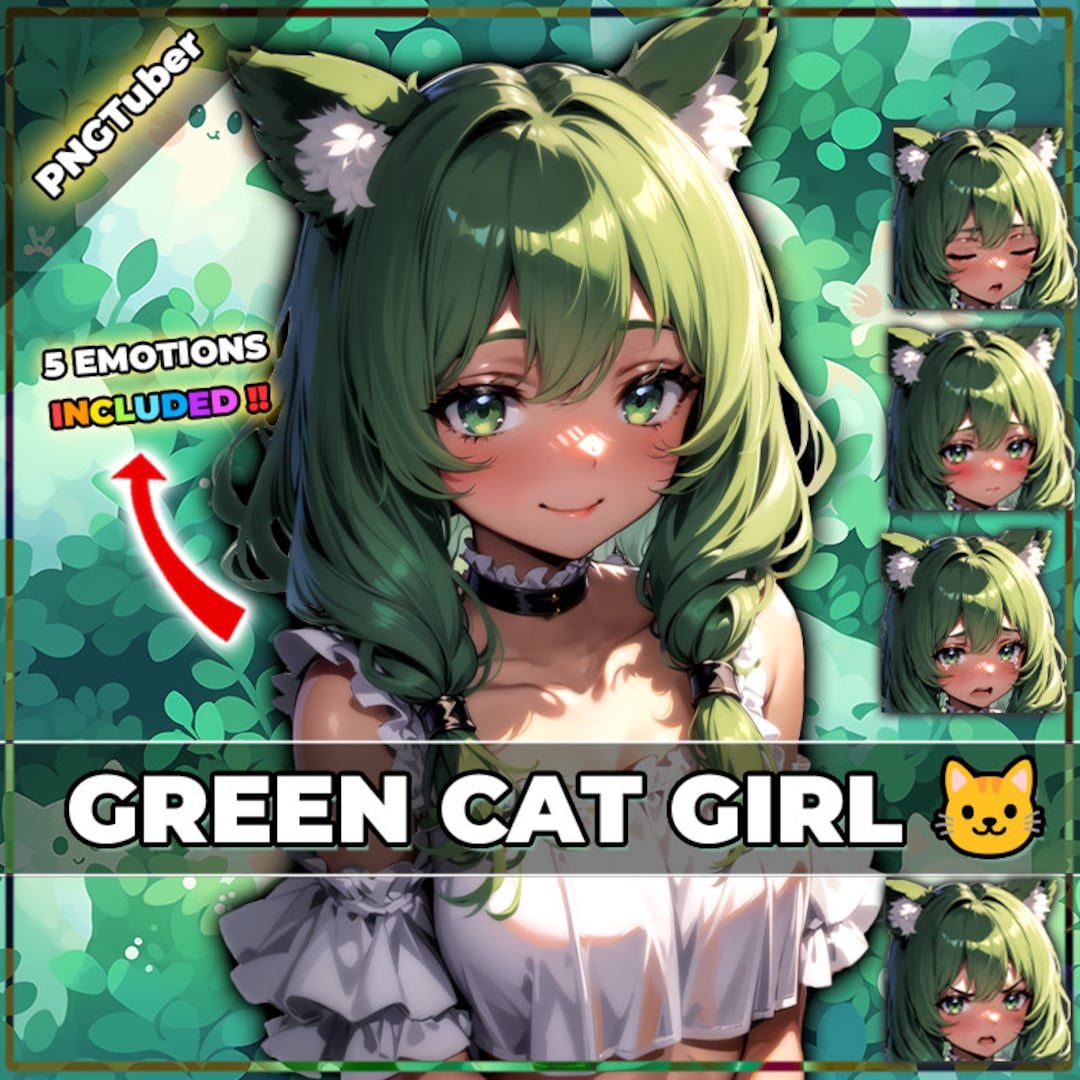 Green Neko Cat Girl Pngtuber Model: 5 Emotions (veadotube) - Etsy