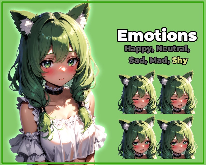 Green Neko Cat Girl Pngtuber Model: 5 Emotions (veadotube) - Etsy