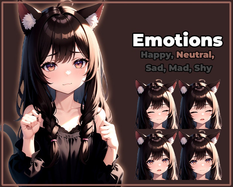 Brown Cat Neko Girl Pngtuber: 5 Expression Vtuber Model - Etsy
