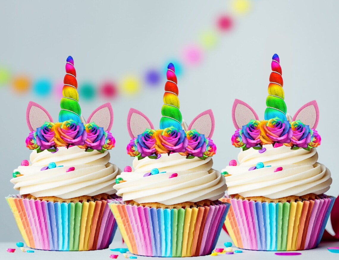 EDIBLE 12x Unicorn Horns Cupcake Toppers Sheet Wafer Card Birthday ...