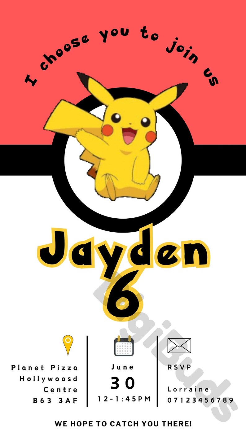 Pokemon Ball Birthday Invitation Pikachu Invite Birthday Party Kids ...