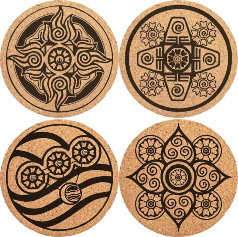 White Lotus and Element Bender Symbols - Set of 4 Cork Coasters ...