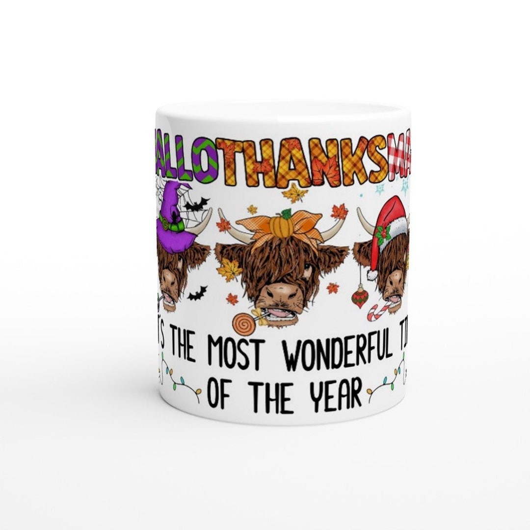 Highland Cow Mug - Hallothanksmas, Halloween, Thanksgiving, Christmas ...