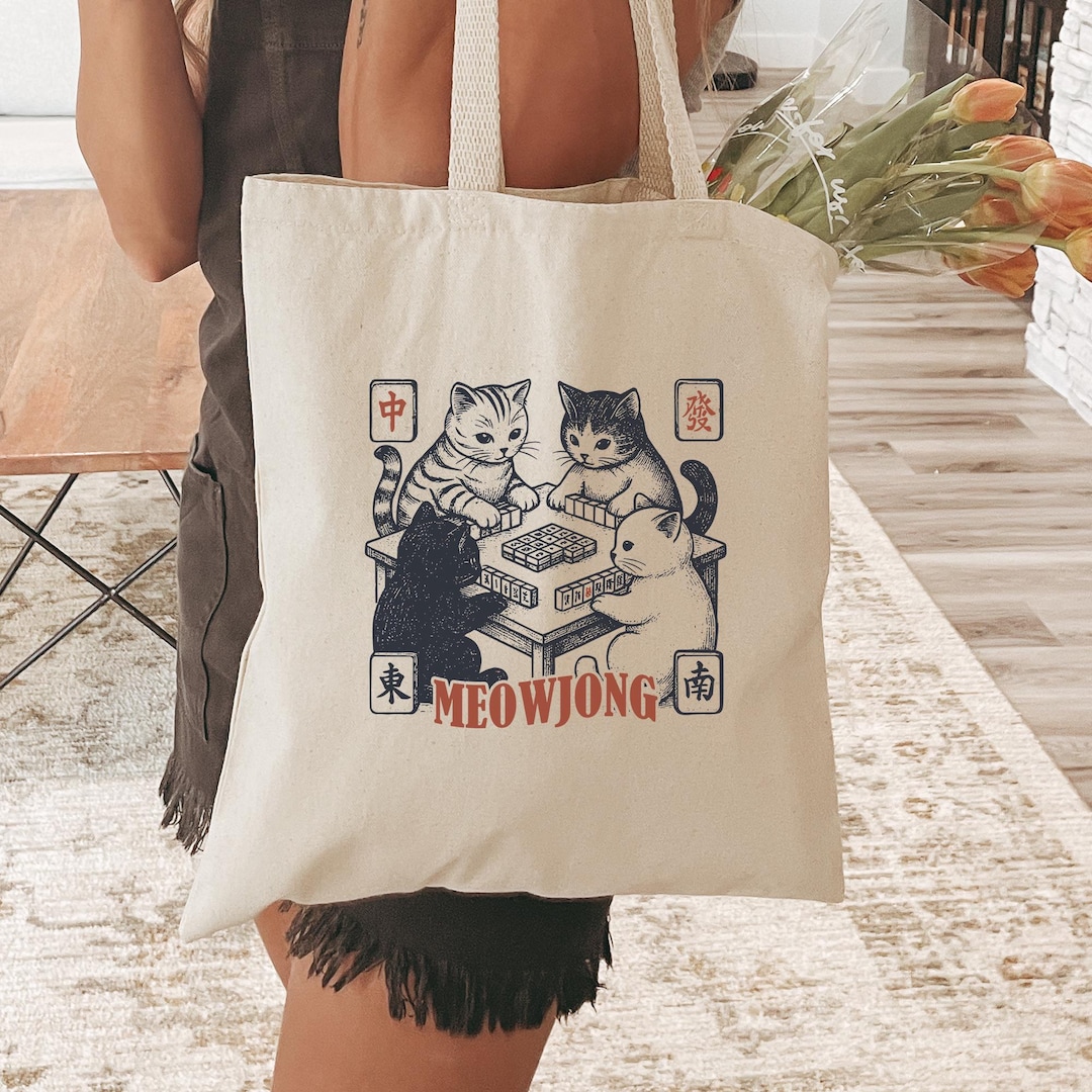 Meowjong Cats Playing Mahjong Tote Bag, Mahjong Player Gift, Vintage ...