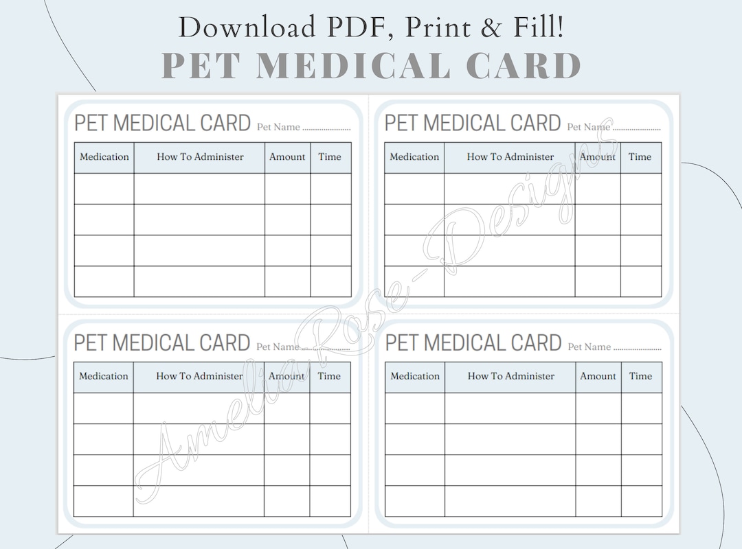 Pet Medical Card PDF Download A4 Page Digital - Etsy