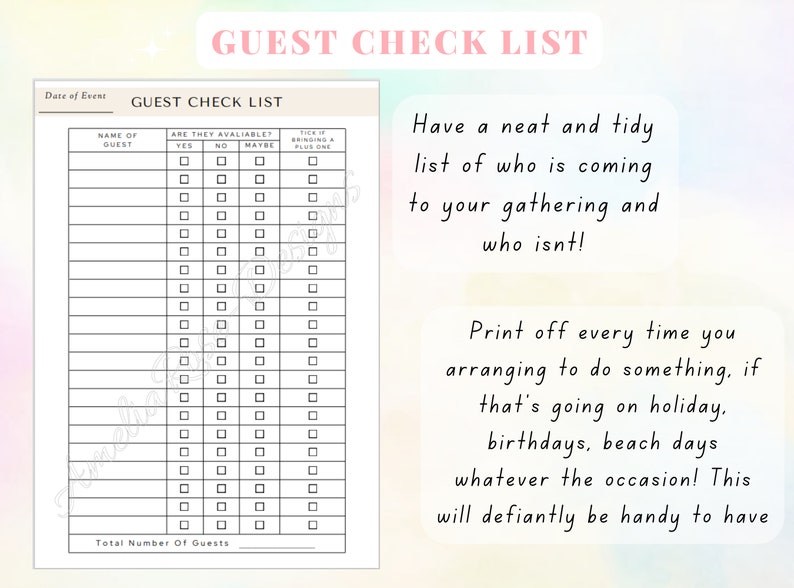 Guest and Party Check List | PDF Download | A4, A5, US Letter Pdfs ...
