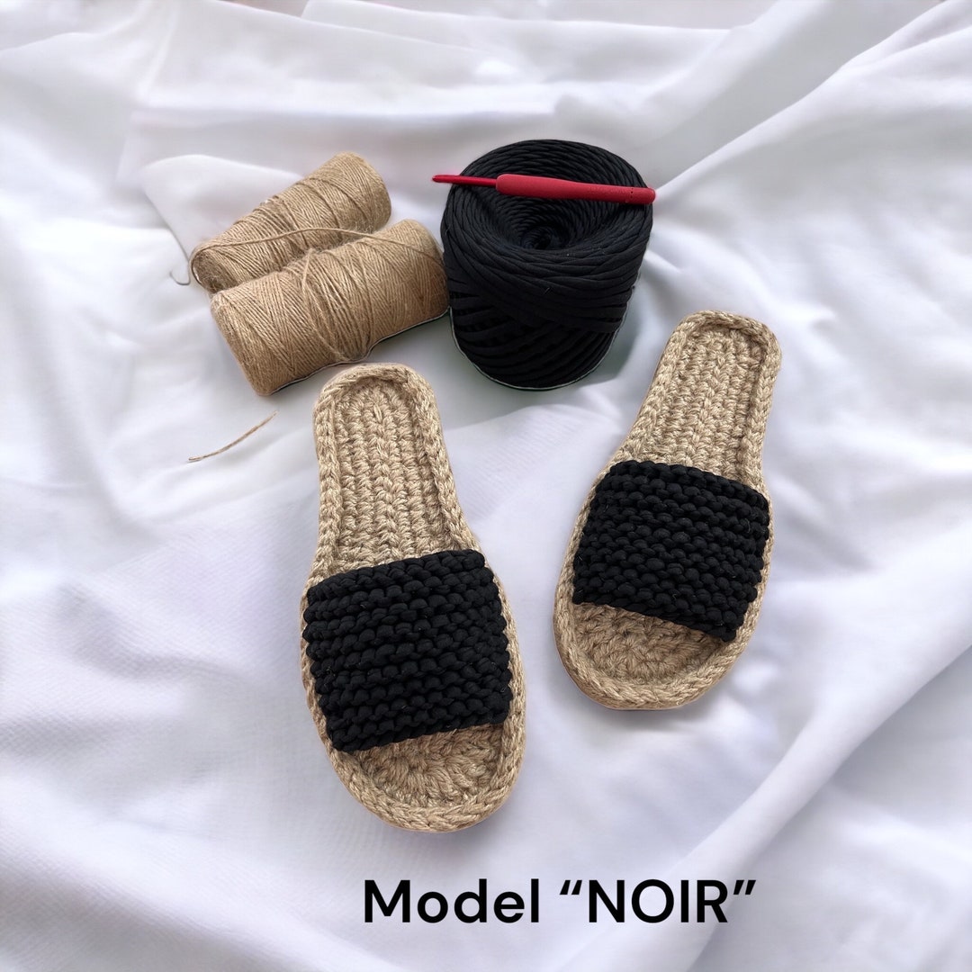 Handmade Black Women Crochet Espadrille Slides Rubber Sole/cotton Women ...