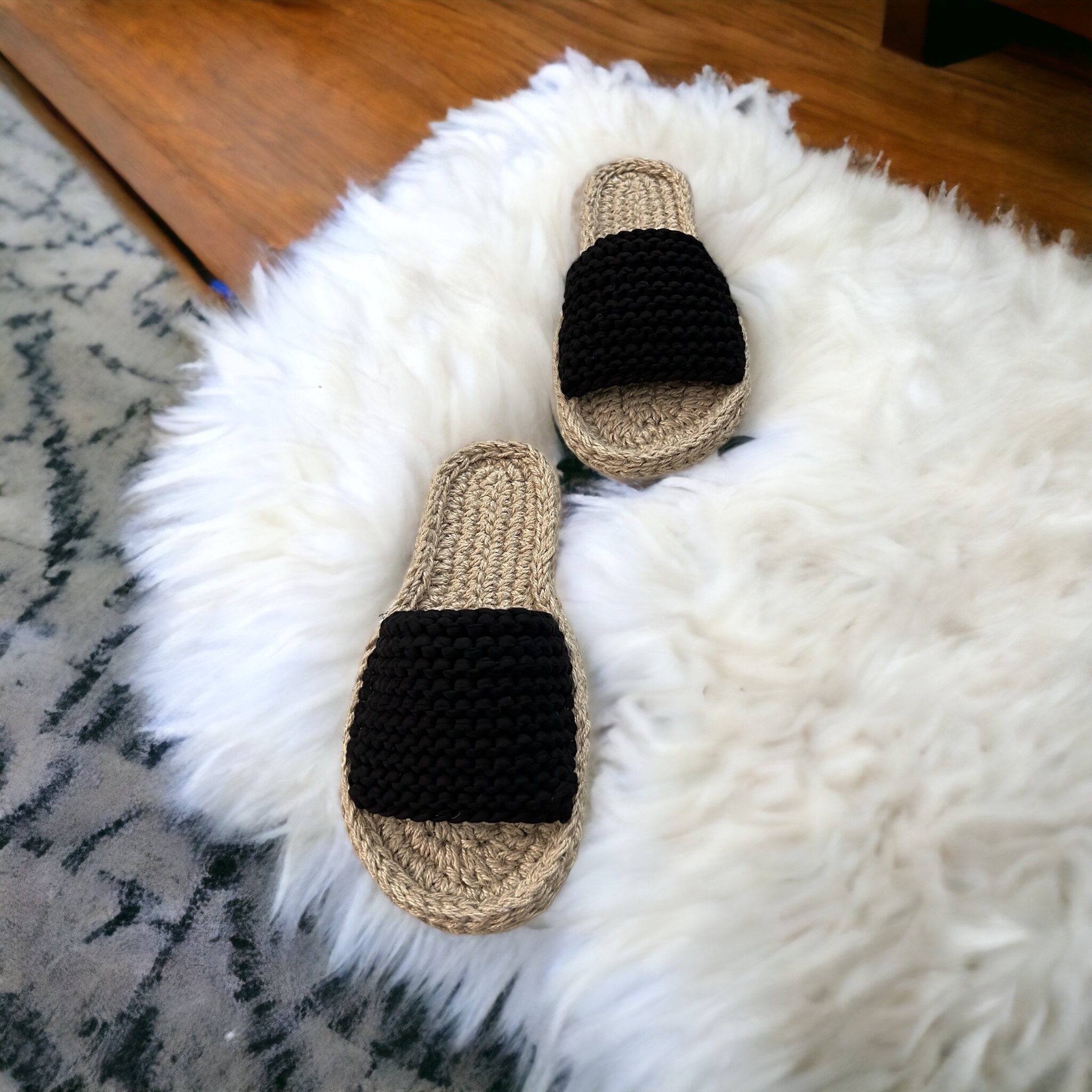 Handmade Black Women Crochet Espadrille Slides Rubber Sole/cotton Women ...