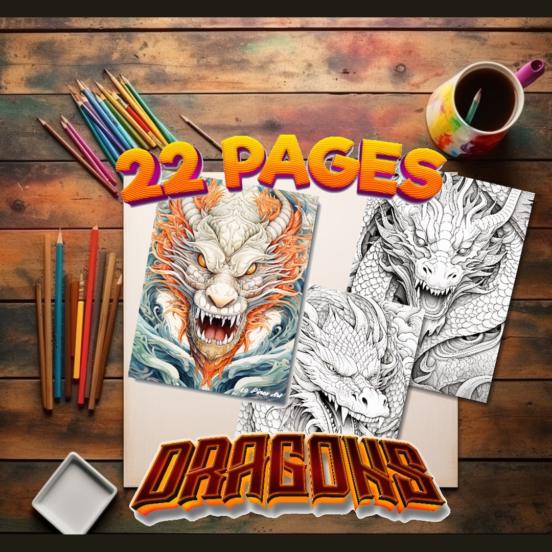 22 Dragons + 1 Full Color - Coloring Page Book, Adults + Kids- Instant ...