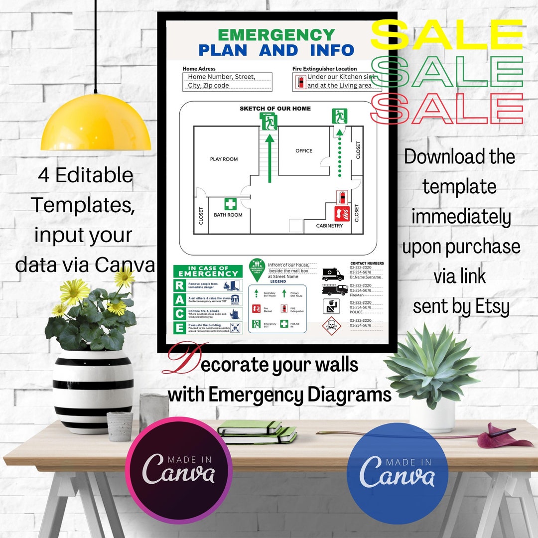 Evacuation Diagram Emergency Fire Escape Plan Editable Airbnb Signs in ...