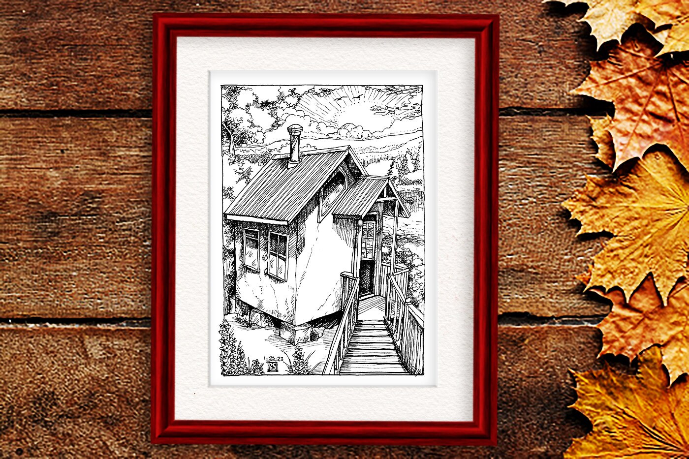 Timber Log Cabin Art Prints Black and White Line Art Printable Wall Art ...
