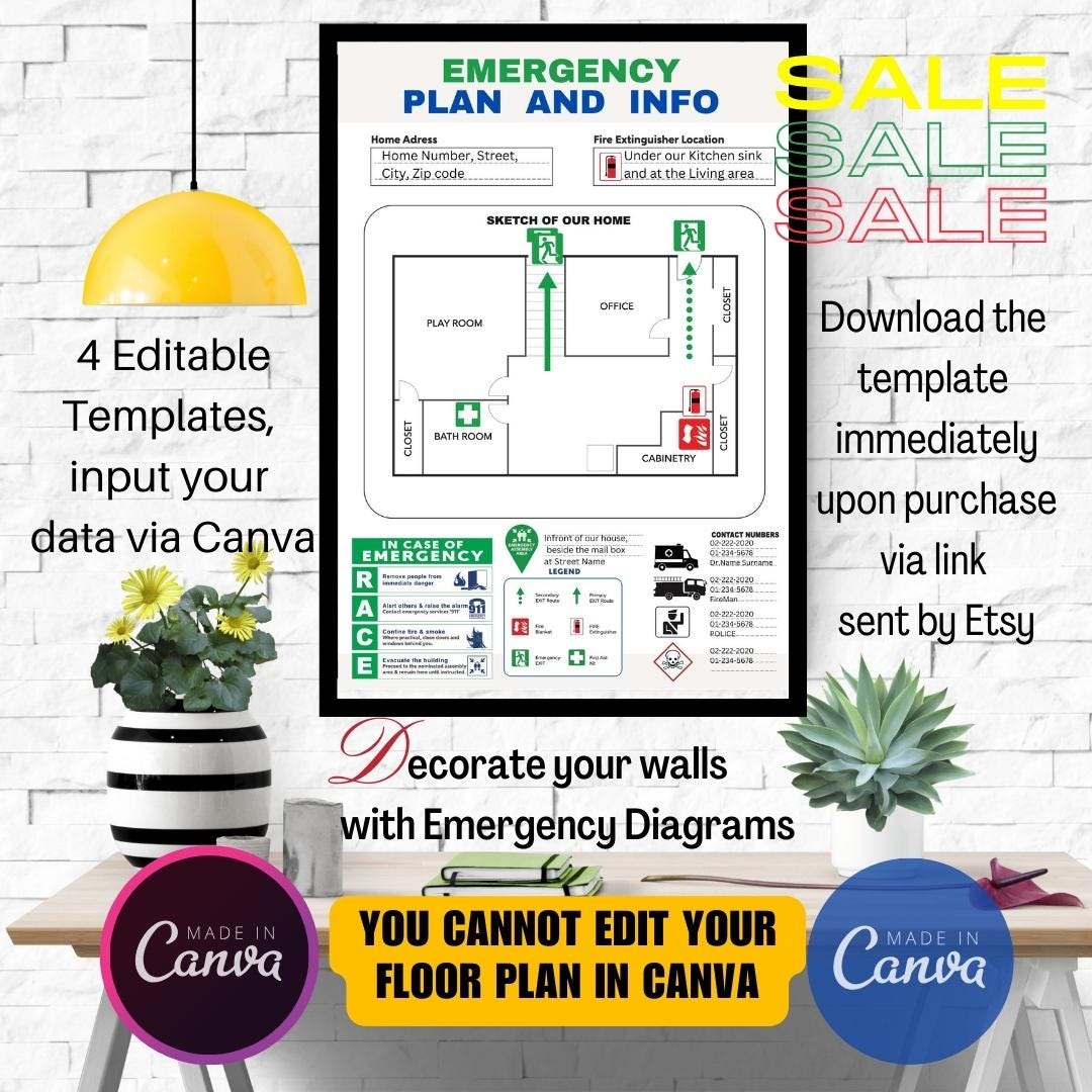 Evacuation Diagram Emergency Fire Escape Plan Editable Airbnb Signs in ...