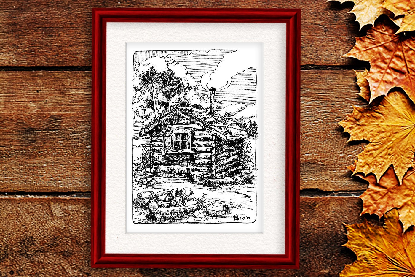 Timber Log Cabin Art Prints Black and White Line Art Printable Wall Art ...